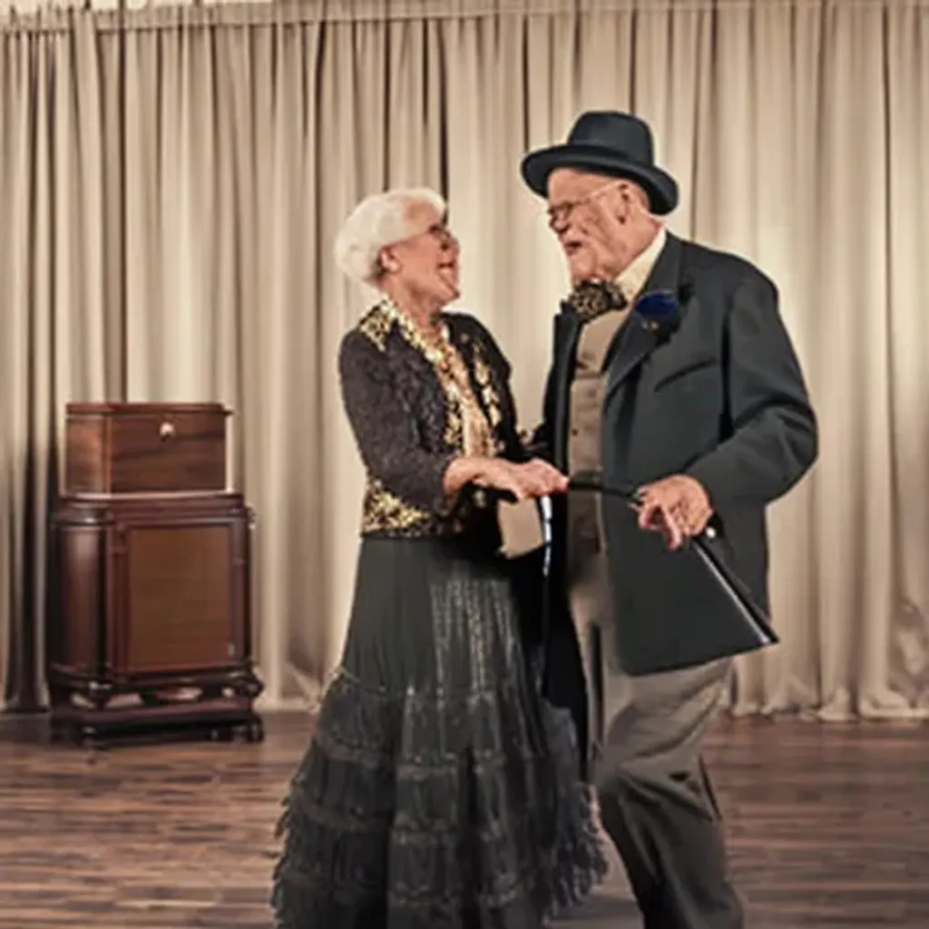 Grandma and grandpa dancing to a record playing on a... | OpenArt