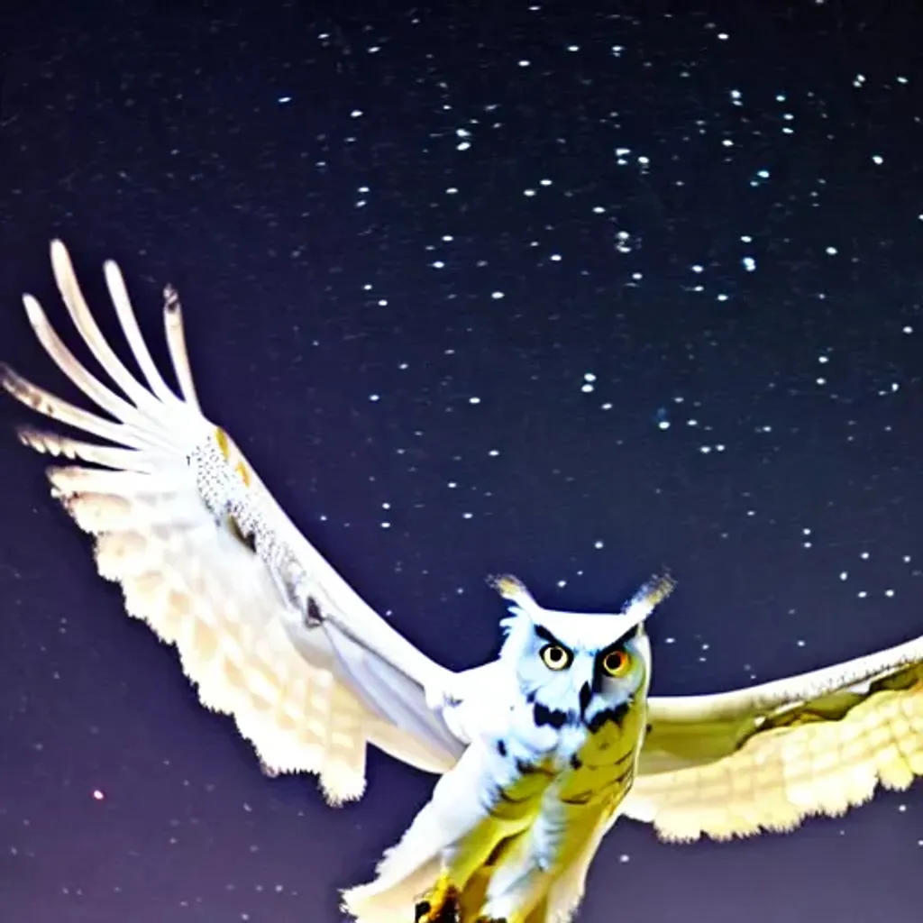photo of a shiny white eagle owl centered in a night... | OpenArt