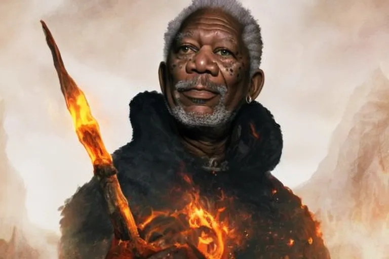 Morgan Freeman as a pyromancer, Mage, Sorcerer, 4K,... | OpenArt