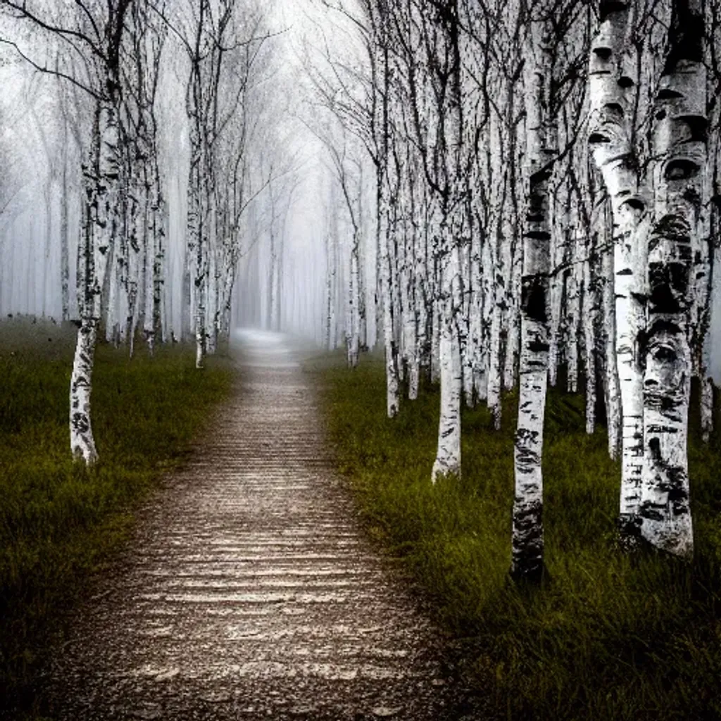 stone path through birch forest, creepy people, fog,... | OpenArt