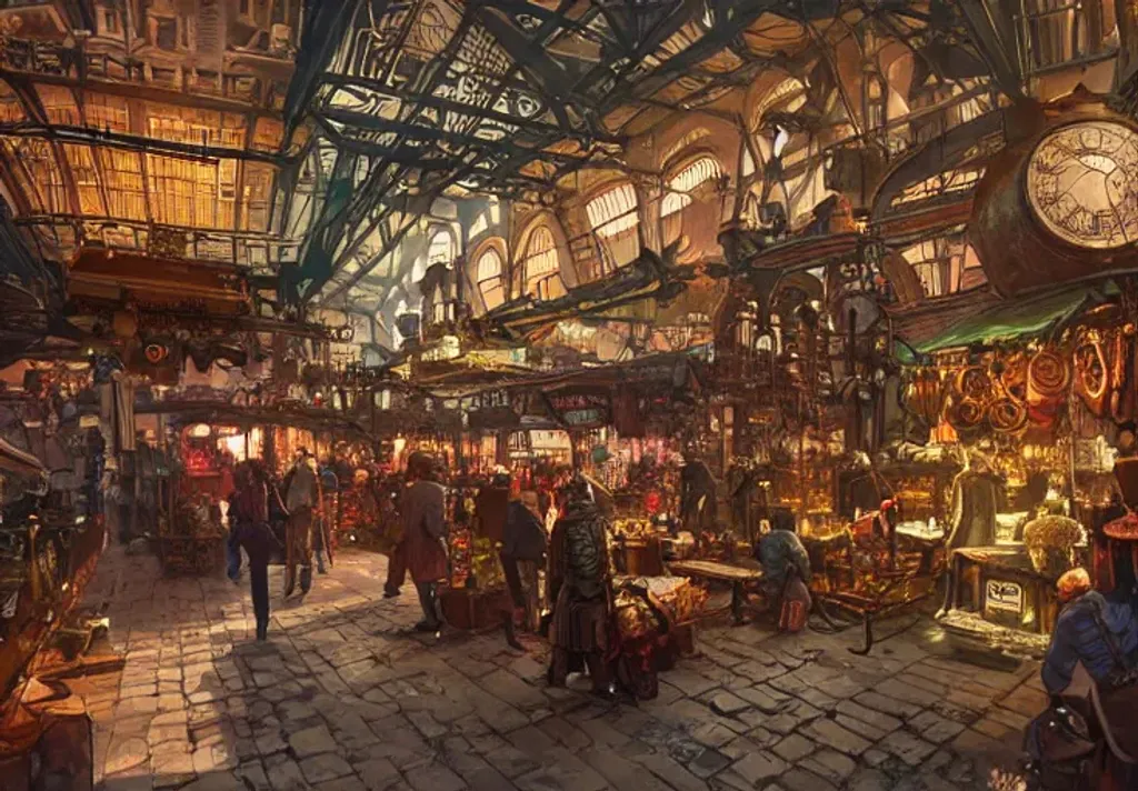 steampunk market interior, colorful, 3 d scene, greg...