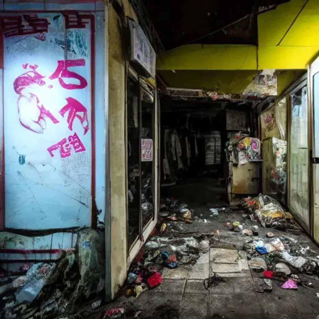 abandoned store in taiwan, garbage on floor, with po... | OpenArt