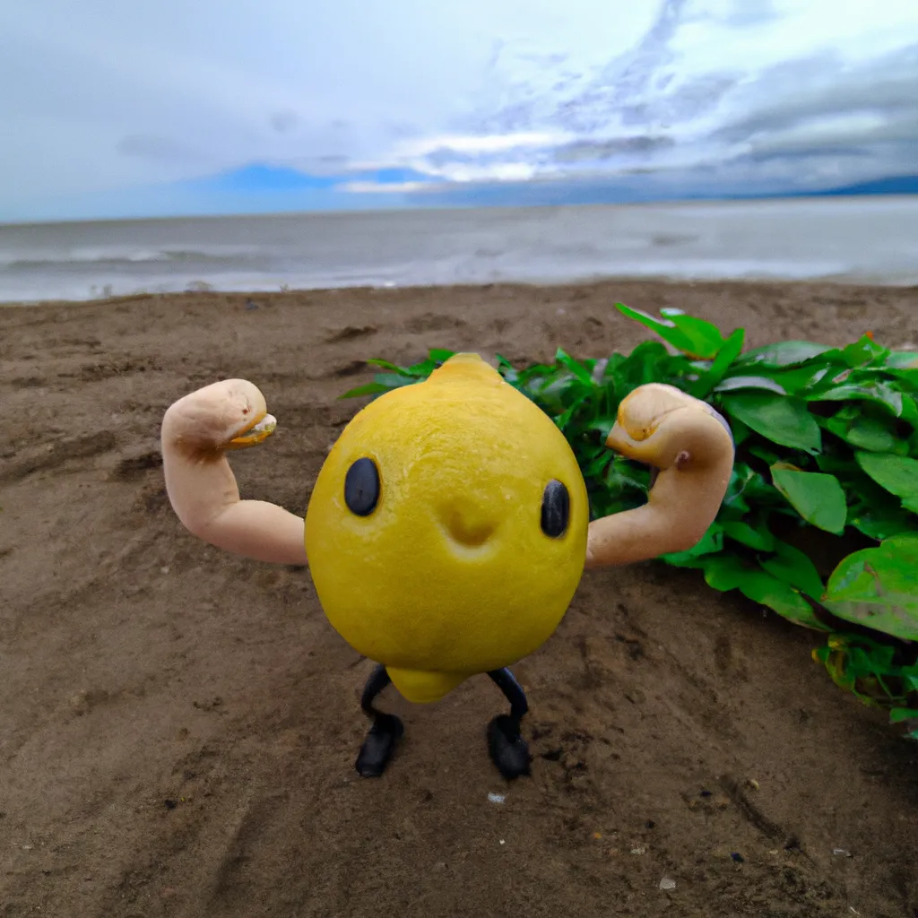 a photograph of a muscular lemon character on the be... | OpenArt