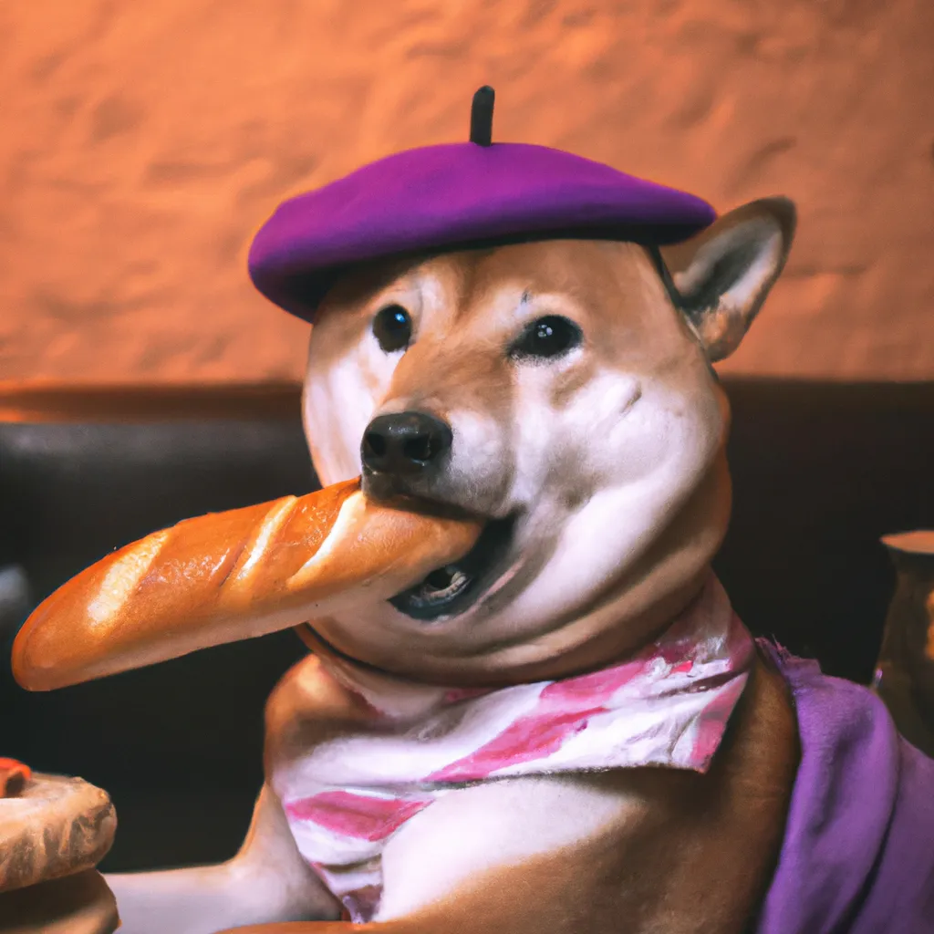 a Shiba inu wearing a purple beret eating a baguette... | OpenArt