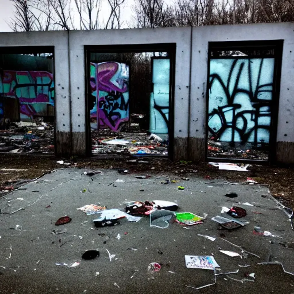 abandoned playground, broken glass, graffiti on wall... | OpenArt