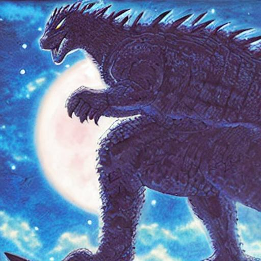 Anime godzilla under large moon