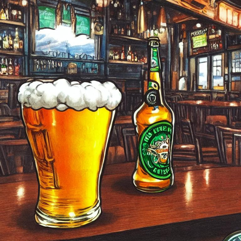 beer on a table in an irish pub, illustration, paint... | OpenArt