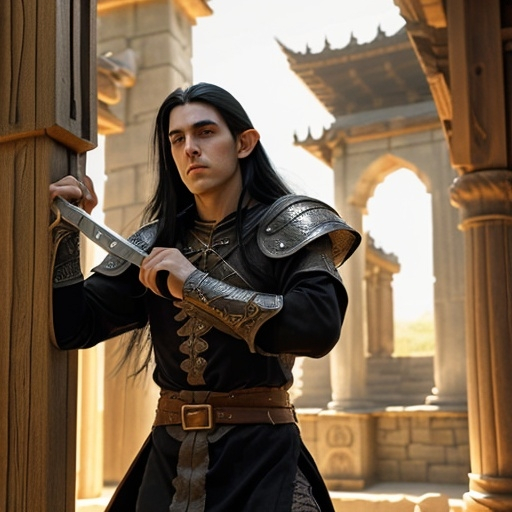 A male DnD style elf with long black hair and a clea...