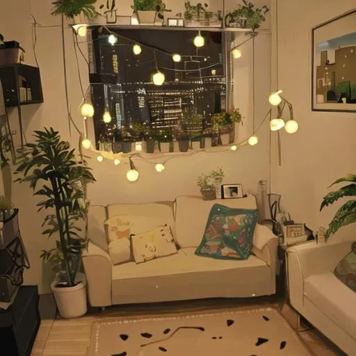 apartment plants night string lights beige