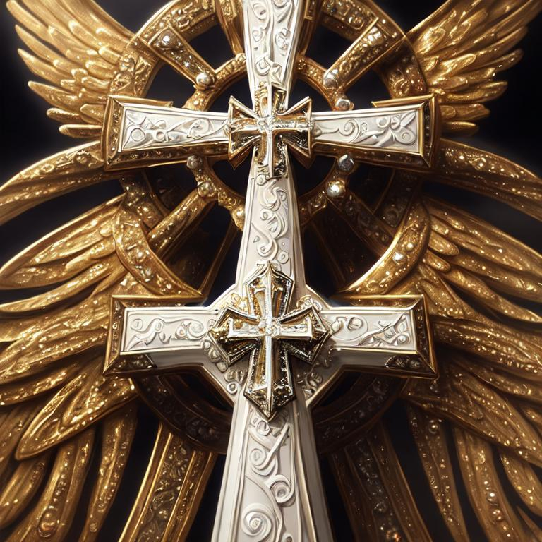 Hyperrealistic painting of a jeweled cross,angelic,...