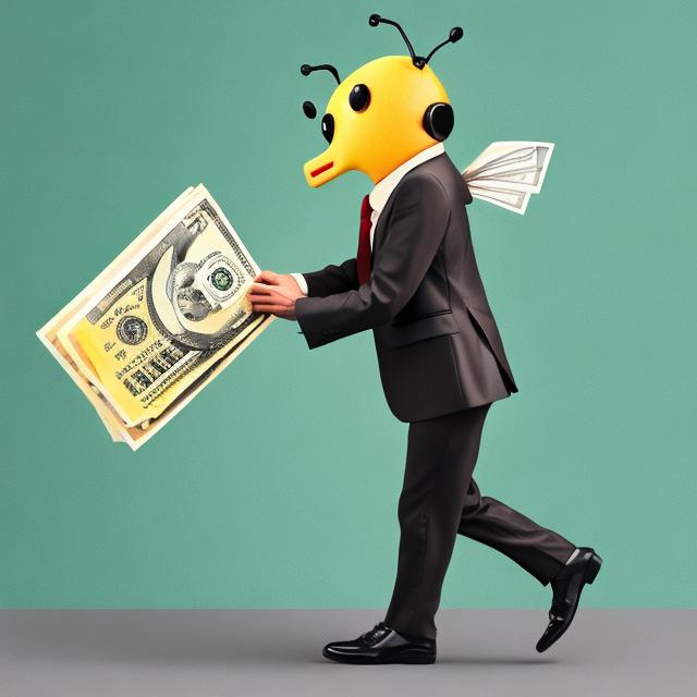 bee wearing a suit and carrying money