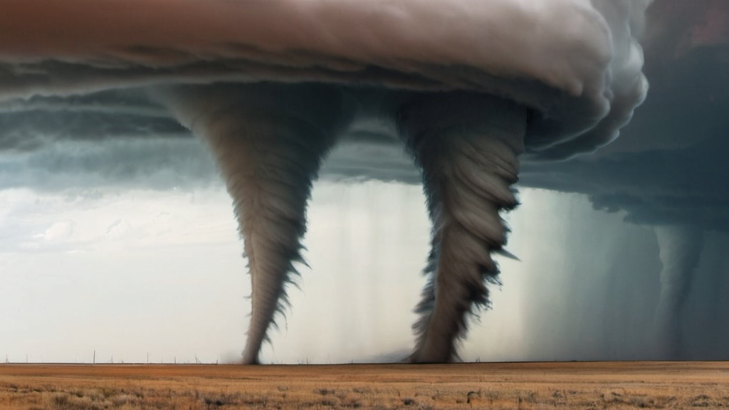 create an image of two tornadoes, side by side, on a...