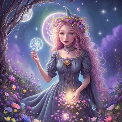 Beautiful witch goddess, in a sparkling enchanted ga...