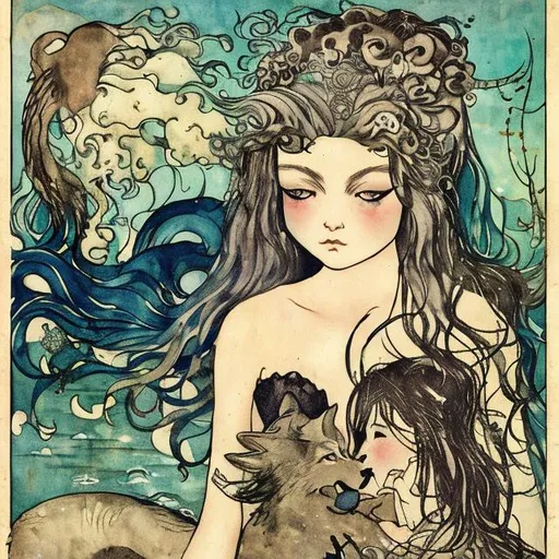 Wolf cub and mermaid in style of illustrator John A...