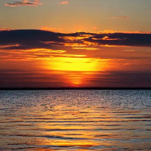 A rising sun in warm colors over water | OpenArt