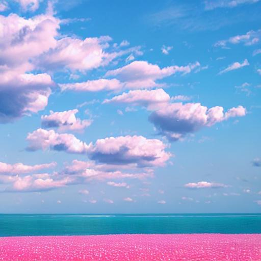 Floating sky islands above pink ocean