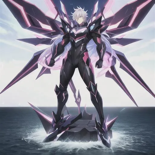 Full-body anime male in a battle suit by the coast,... | OpenArt