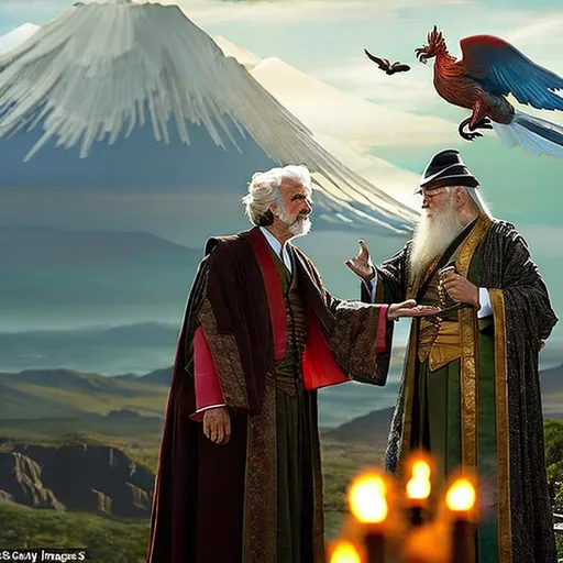 Illustrate the epic moment of Mark Twain and Dumbled... | OpenArt