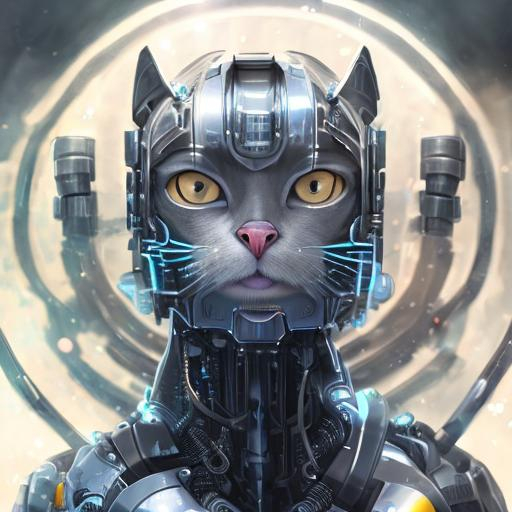 Full body portrait of cyborg grey cat, big yellow ey... | OpenArt