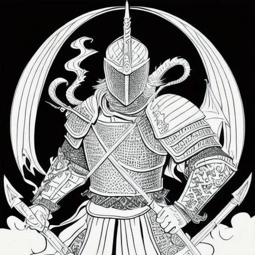 black and white coloring page of a knight fighting a... | OpenArt