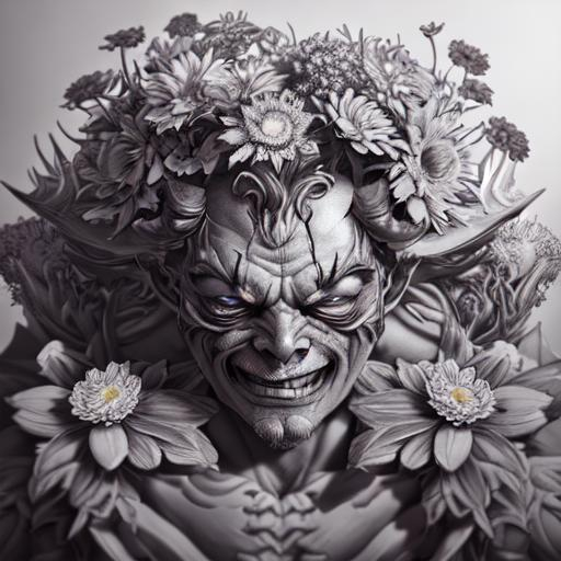 pencil drawing, lines, happy demon, flowers, grandio...