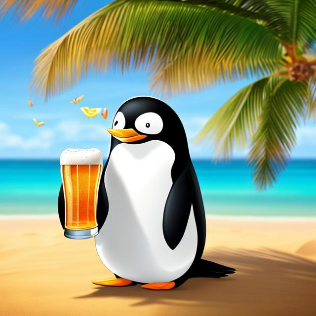Penguin relaxing on vacation drinking a beer by the... | OpenArt