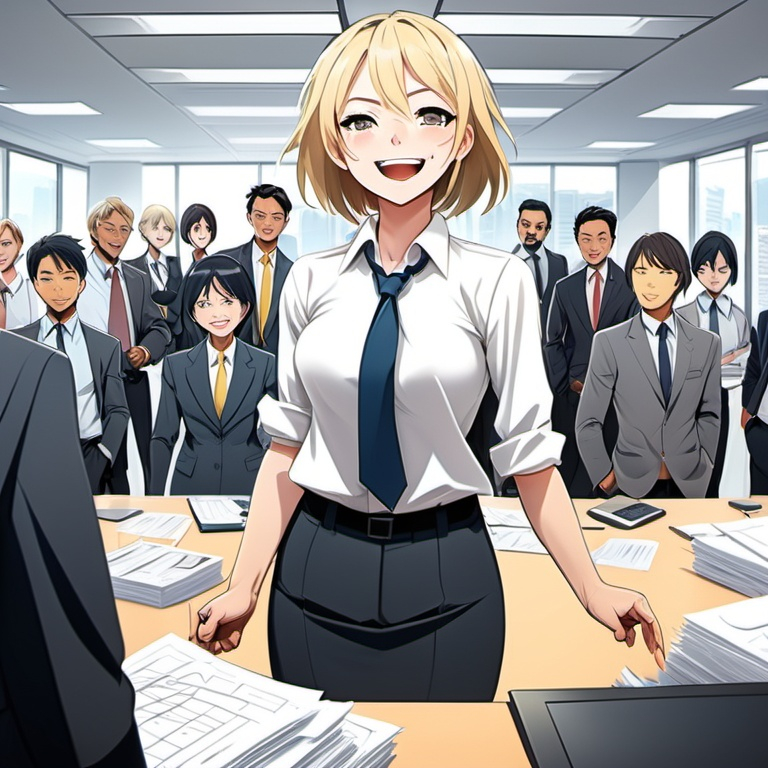 Mikazuki Kan anime style. Set in a chaotic office A...