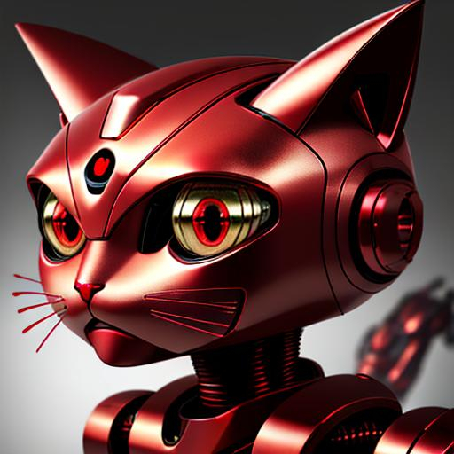 A metallic red robot cat with three eyes uhd hd 8k...