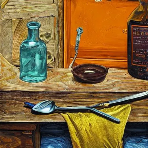 Rust colours, Heroin addict, {spoon, clipper lighter... | OpenArt