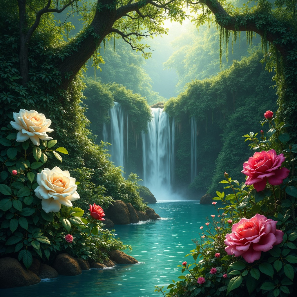 paisaje de ensueño con helechos, enredaderas, flore...