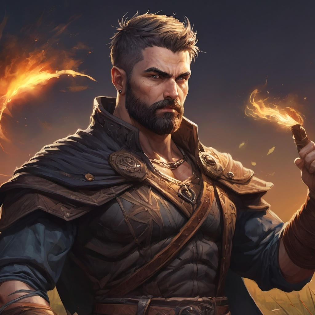 Male stocky large muscular fantasy-druid with short-...