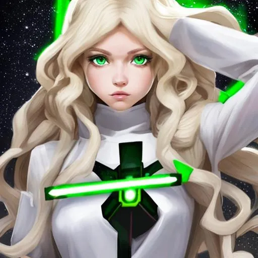 jedi girl with long blonde curly hair,white clothes... | OpenArt