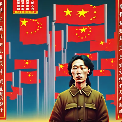 Chinese propaganda poster of someone standing in fro... | OpenArt