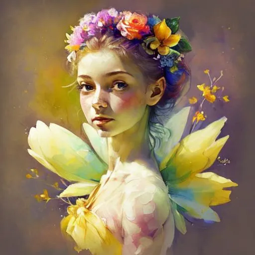 Spring fairy goddess, flowers in her hair,closeup