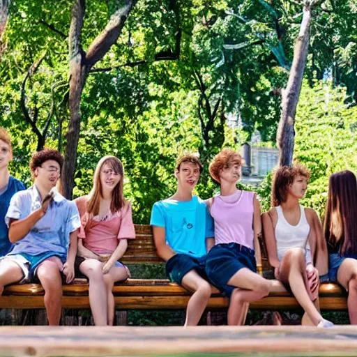 many teens in only trunks, realistic faces with smil... | OpenArt