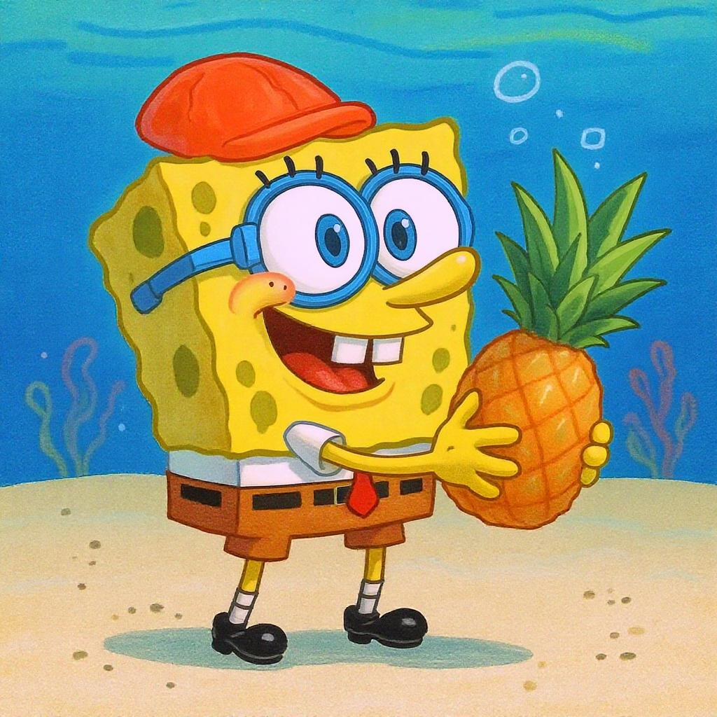 Spongebob wearing a swimming suit and playing with a...