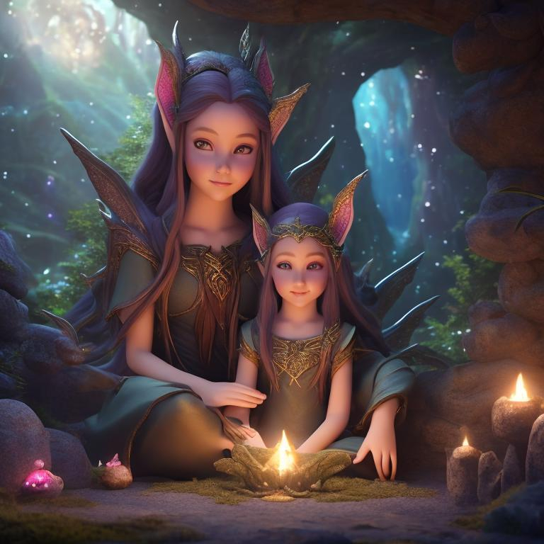 Elven girl sitting in the cave, child body, child fa...