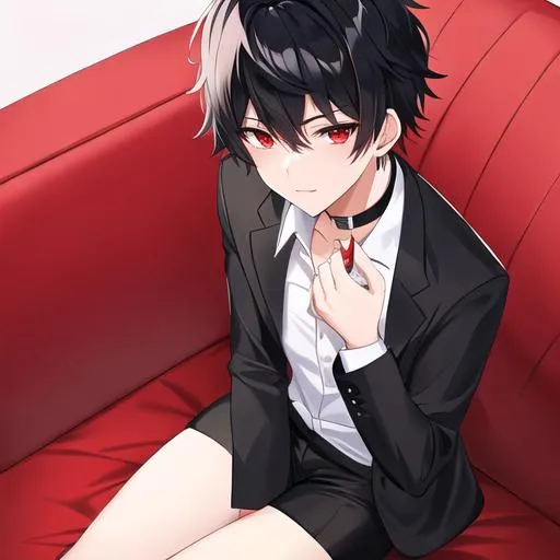 Damien (male, short black hair, red eyes) smiling sa... | OpenArt