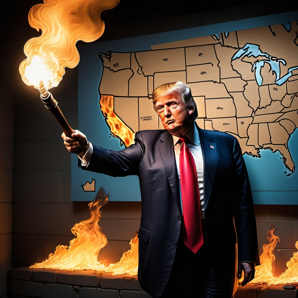 Donald Trump setting a wall map of the United States...