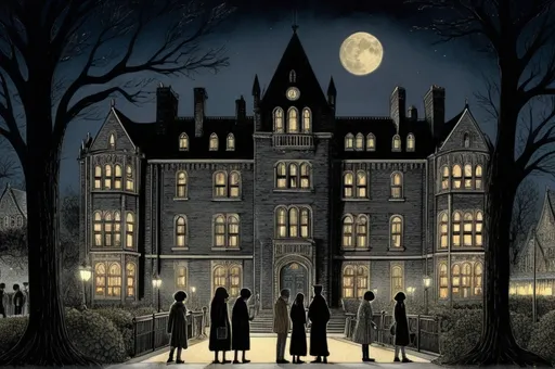 University students at night, Edward Gorey style, fi...