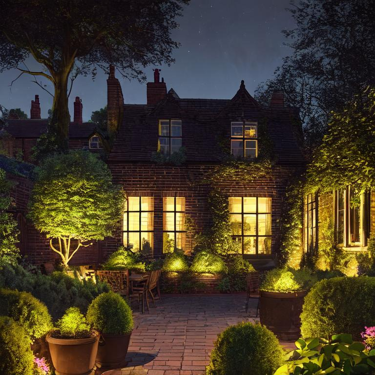 a nighttime picture of a dark garden in england with... | OpenArt