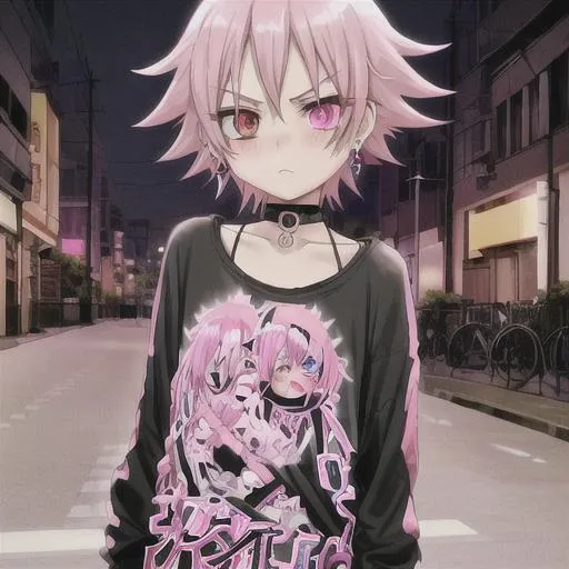 serious, pink and black hair, heterochromia, adorabl... | OpenArt