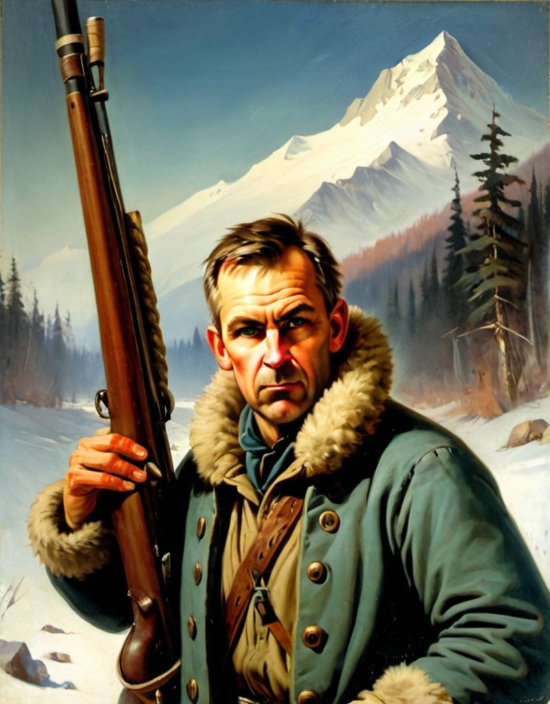 a painting of a Canadian trapper with rifle over his...