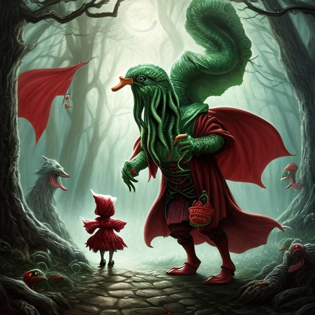 candy duck cthulhu chases little red riding hood on... | OpenArt