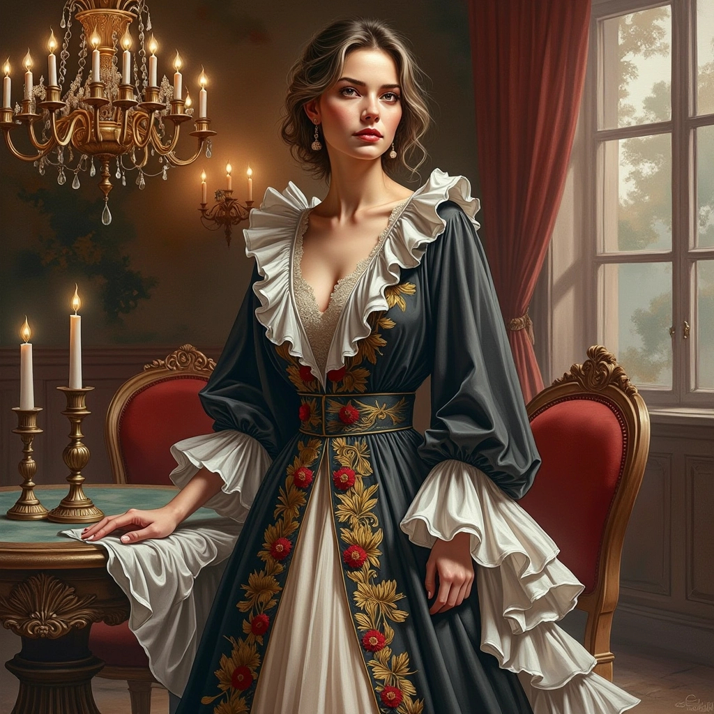 Dressed in an exquisite gown that masterfully combin...