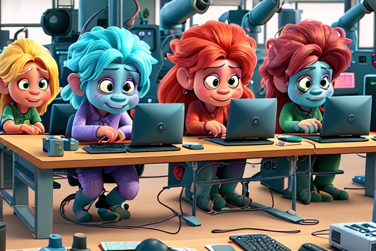 trolls working with computers in a factory