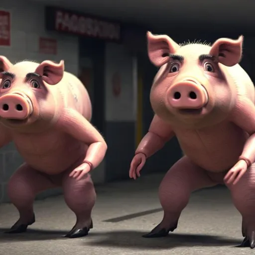 A pink-skinned, zombfiede humanoid pig-police office... | OpenArt