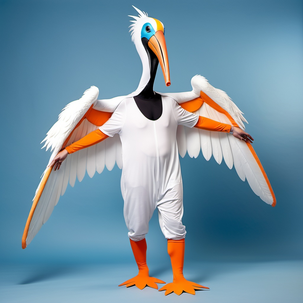 Man in a Pelican costume with white body suit with w...