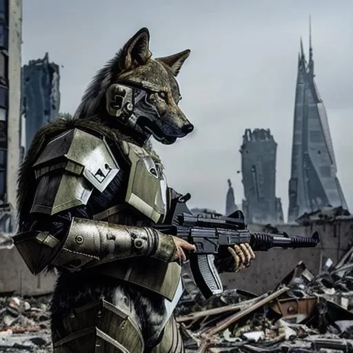 A humanoid wolf wearing heavy armor, carries a futur...