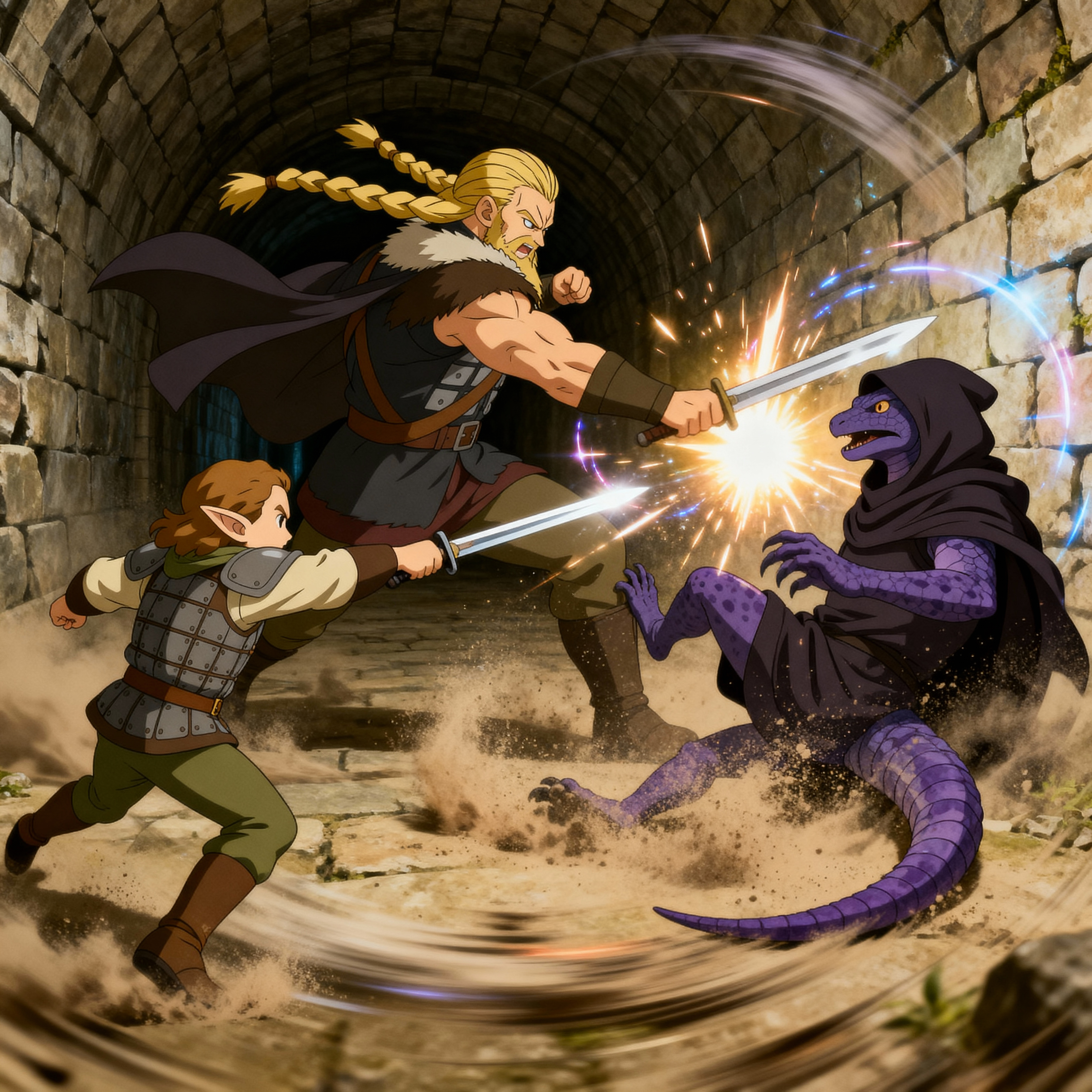Createa hyper-dynamic anime fight scene in a medieva...